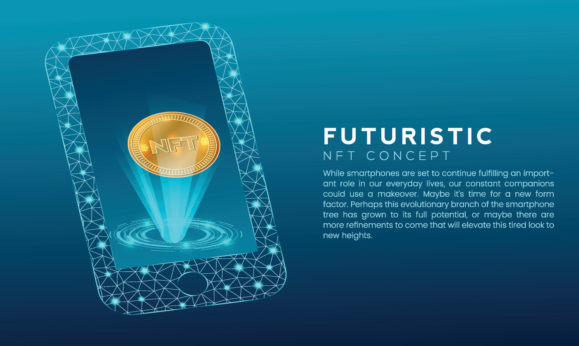 Blue futuristic hud, mobile phone, golden NFT coin with polygon node connected dots and neon ...