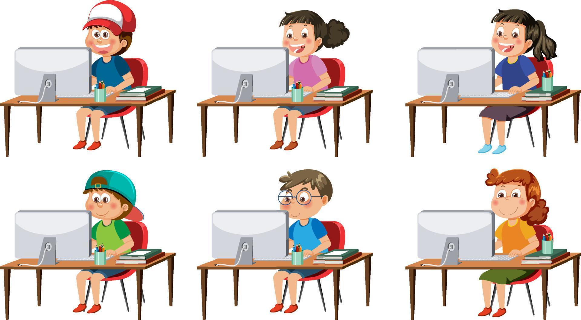 Set of different kids using computer 12724158 Vector Art at Vecteezy