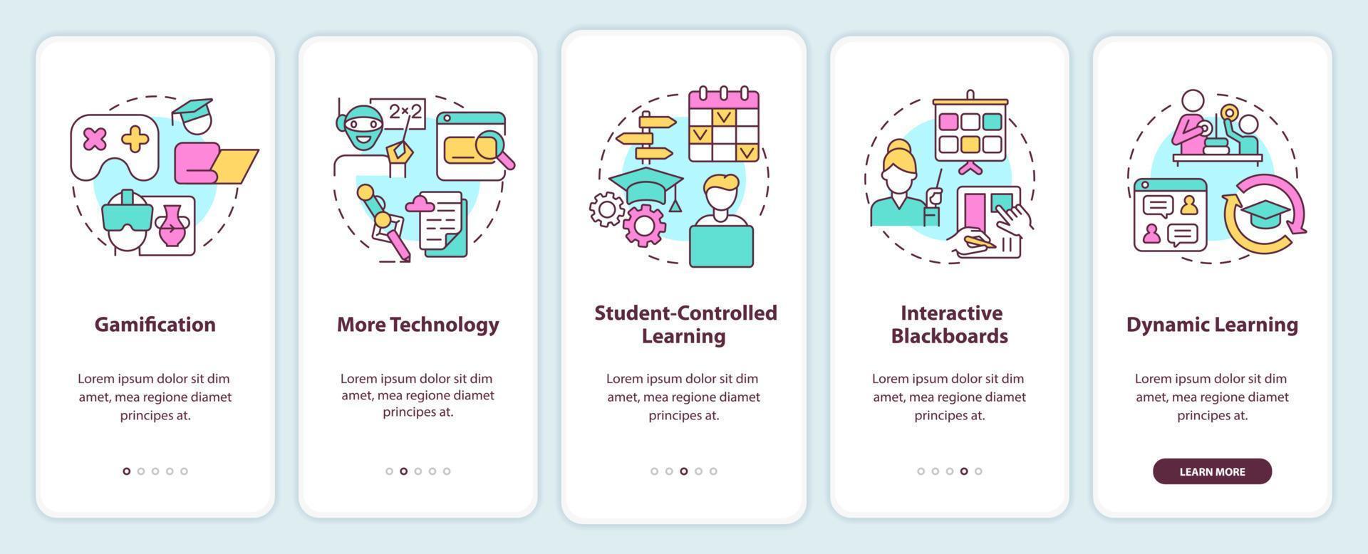 Technology In Education Trends Onboarding Mobile App Screen Digital Walkthrough 5 Steps Graphic
