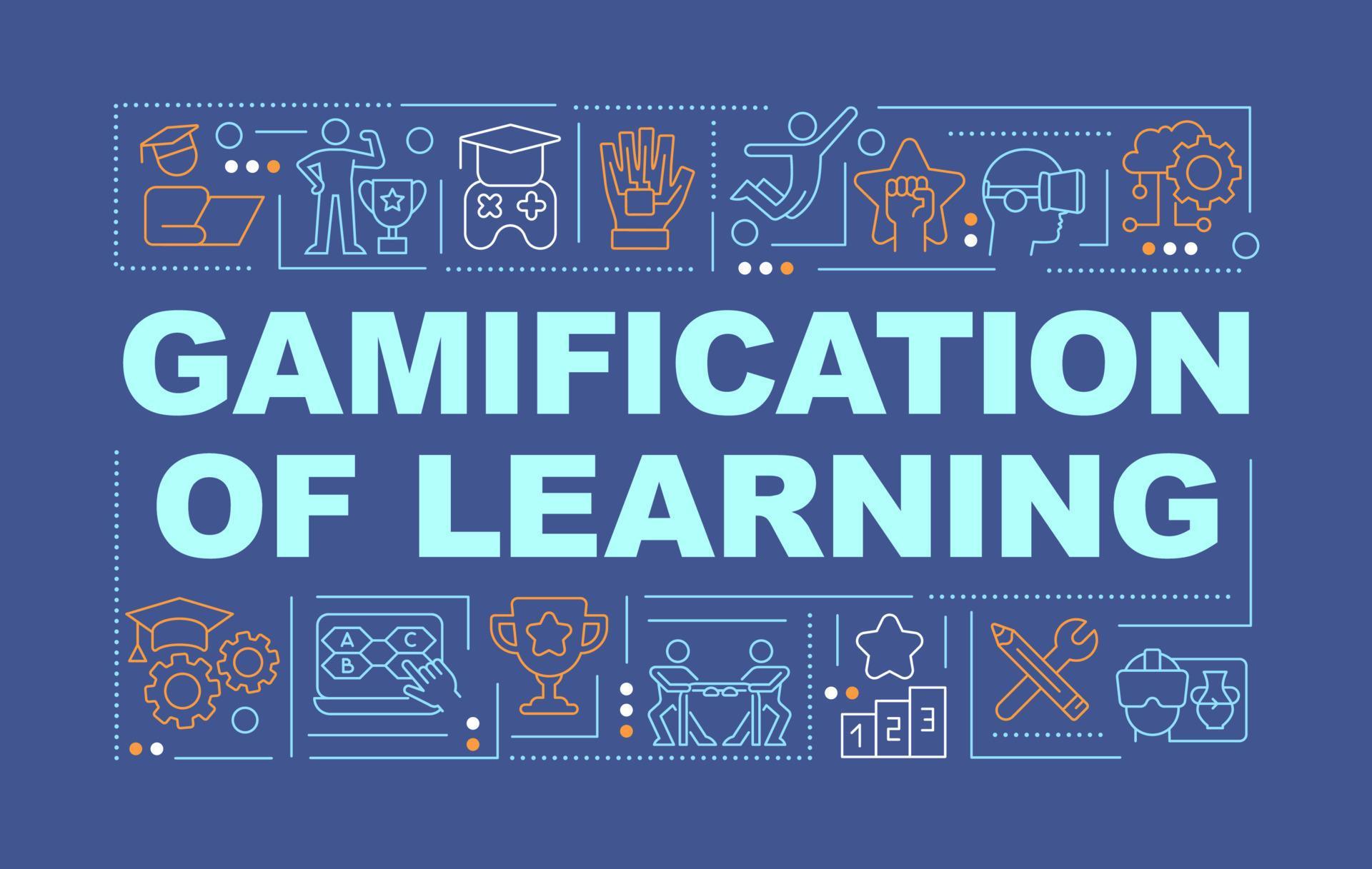 Gamification of learning word concepts dark blue banner. Education innovation. Infographics with ...