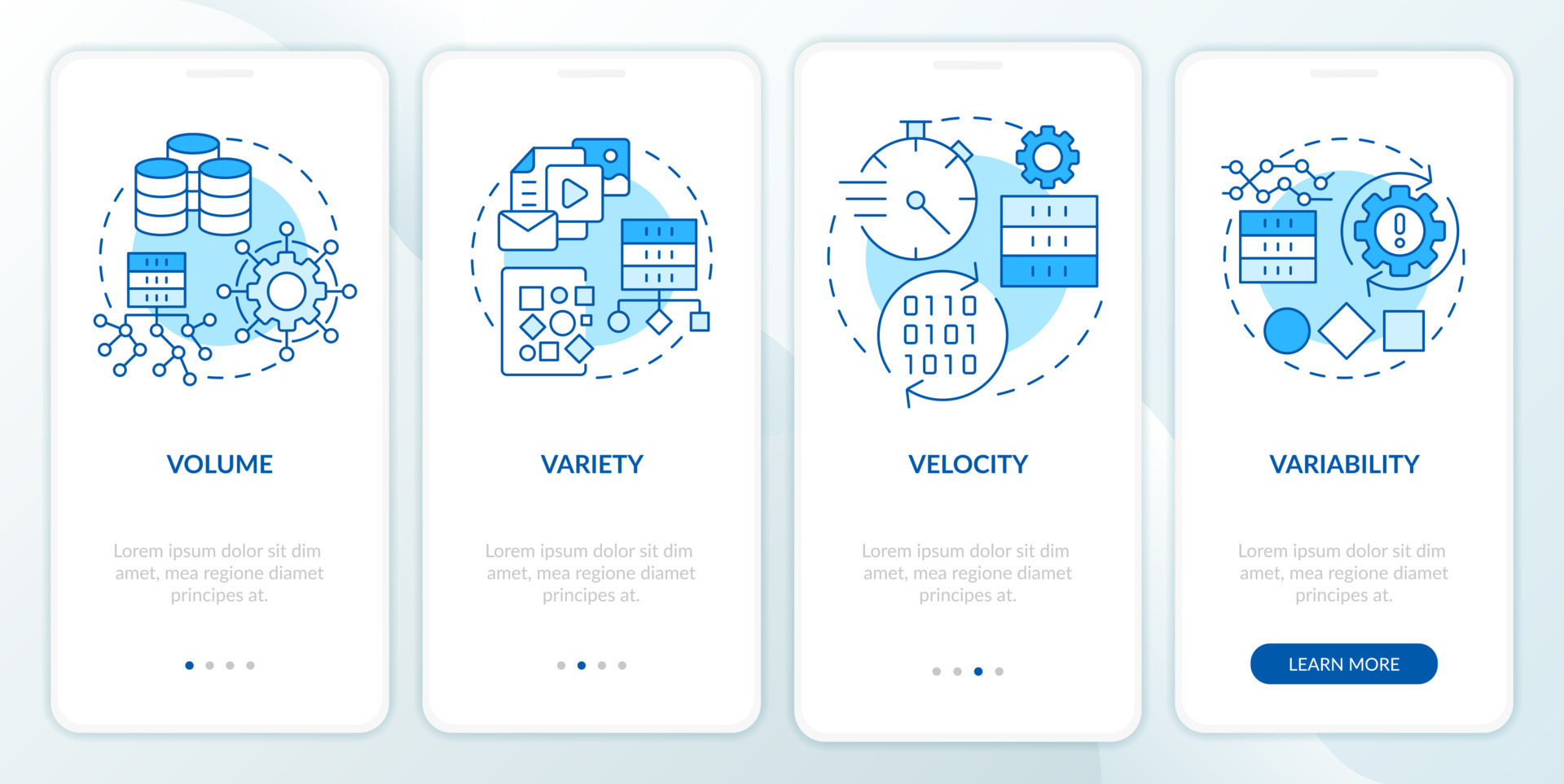 Characteristics of big data blue onboarding mobile app screen. Industry walkthrough 4 steps ...