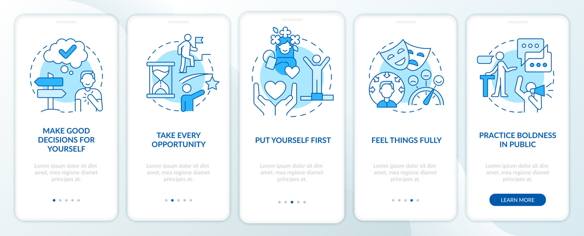 Boosting Mental Health And Wellbeing Blue Onboarding Mobile App Screen Walkthrough 5 Steps