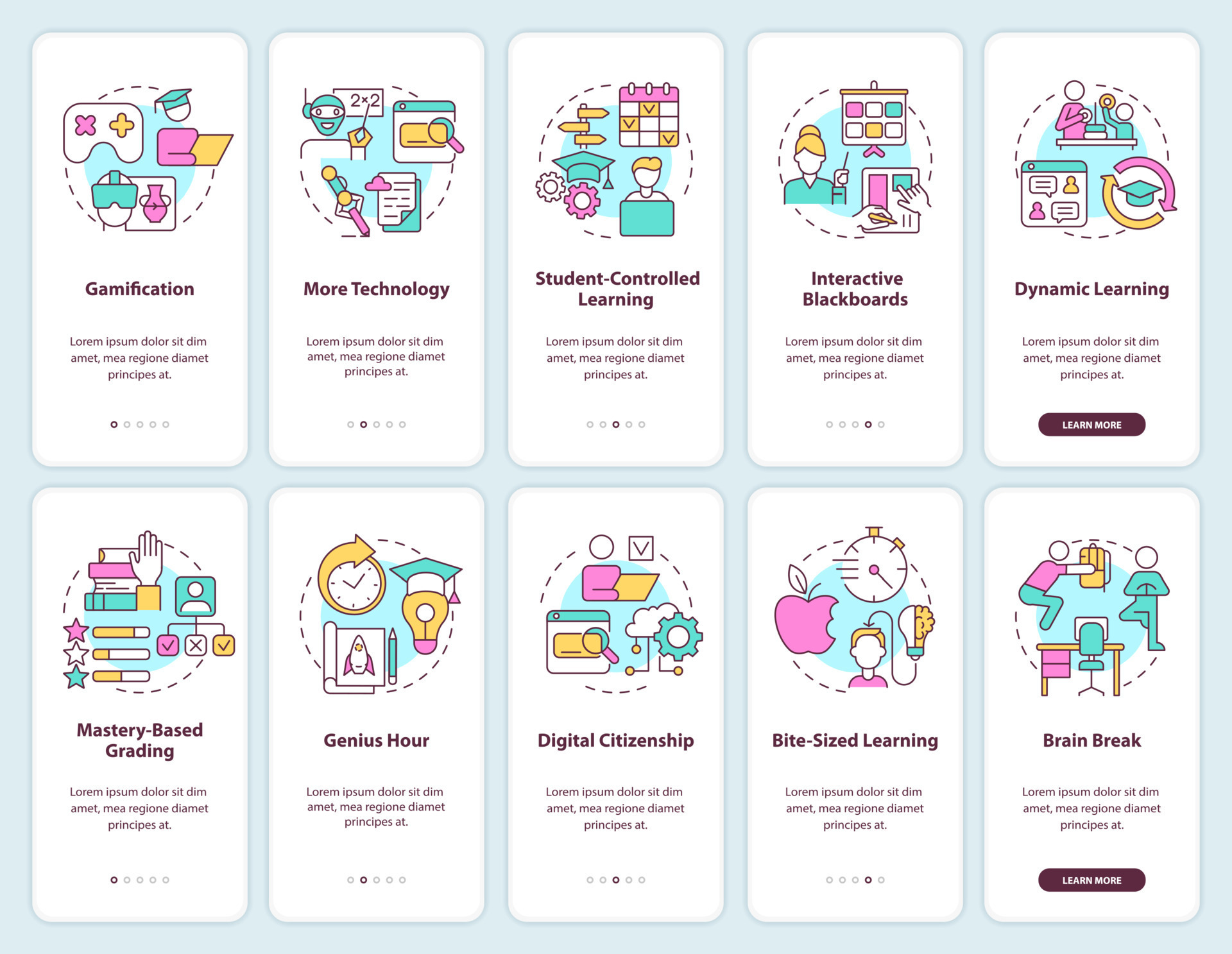 Education trends onboarding mobile app screen set. System development ...