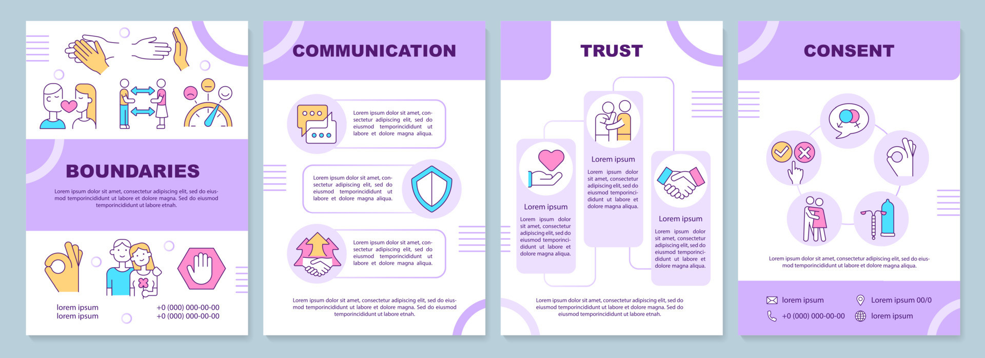 Positive healthy relationships purple brochure template. Trust, consent ...