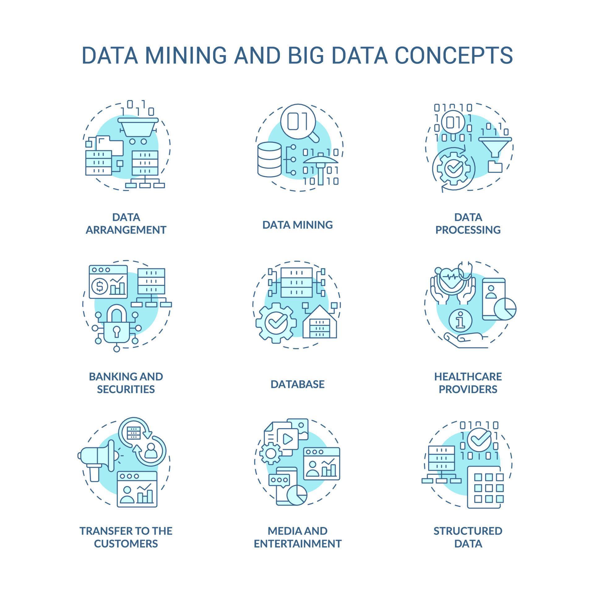 Data Mining And Big Data Turquoise Concept Icons Set Database Analysis Idea Thin Line Color