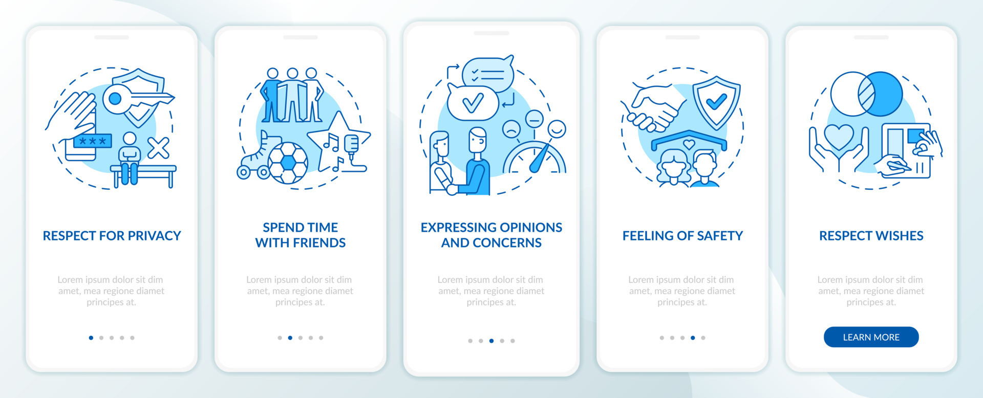 Building Healthy Relationships Blue Onboarding Mobile App Screen Respect Walkthrough 5 Steps