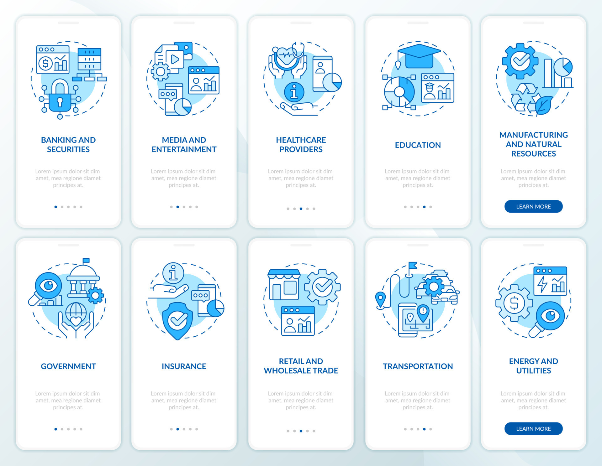 Big Data Applications Blue Onboarding Mobile App Screen Set Analysis
