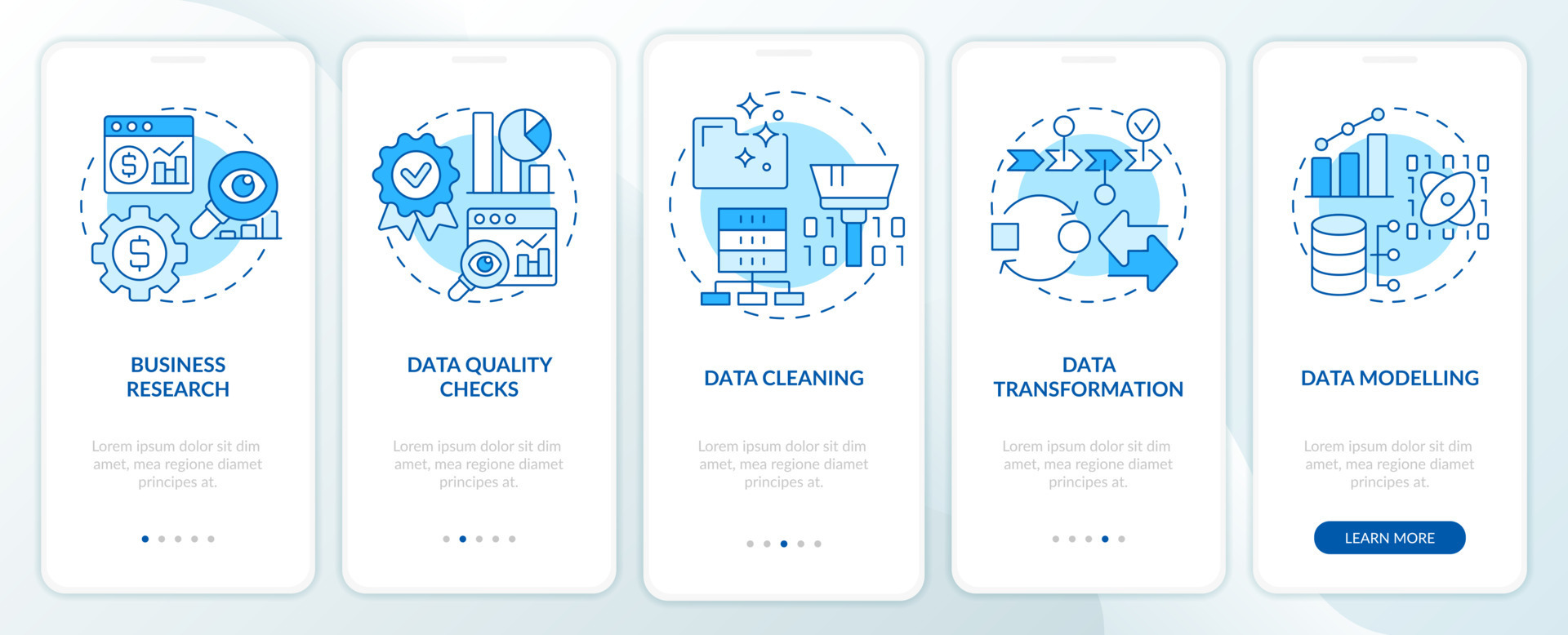 Data mining process blue onboarding mobile app screen. Machine learning walkthrough 5 steps ...