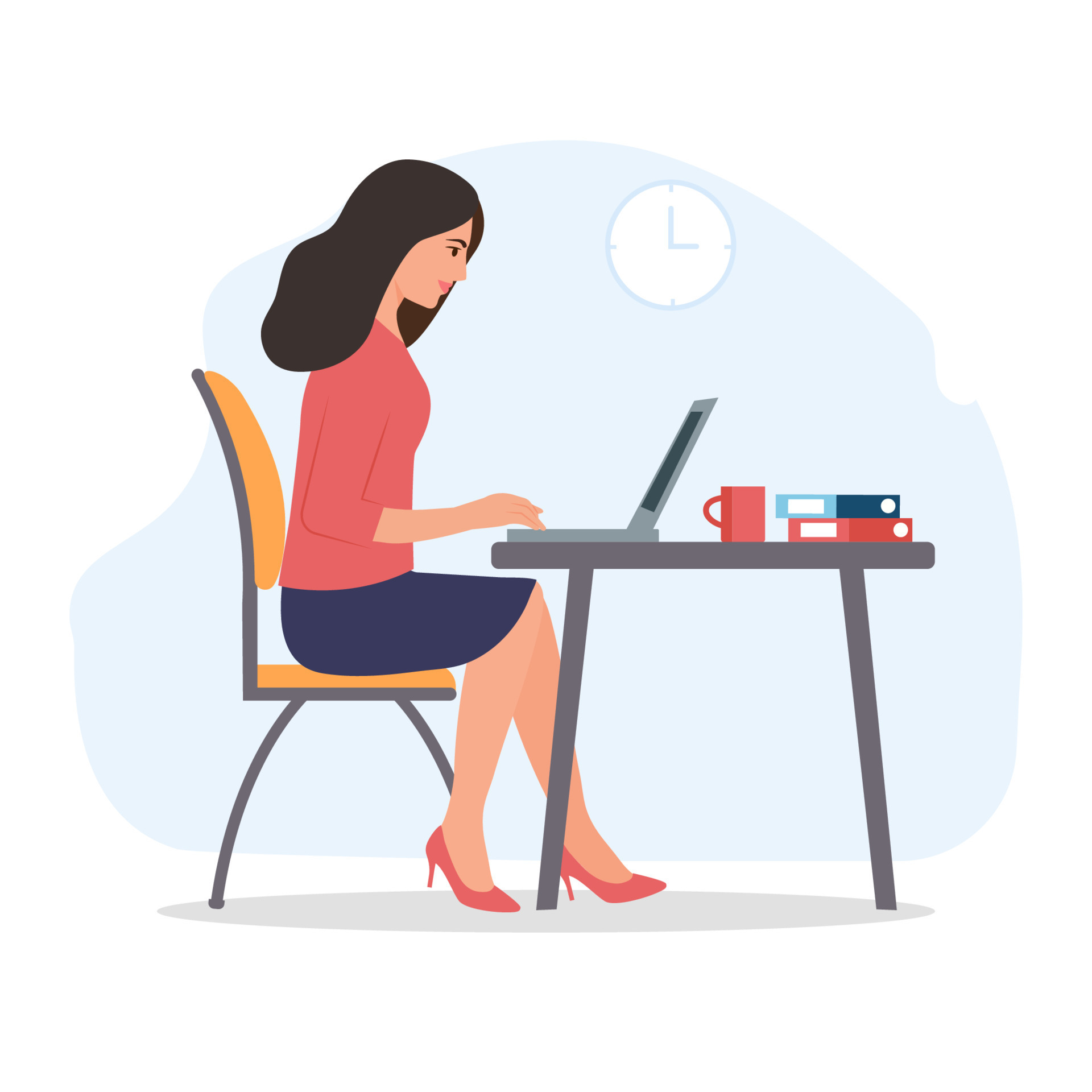 A young girl is sitting in an office and working on a laptop, looking ... A young girl is sitting in an office and working on a laptop, looking ...