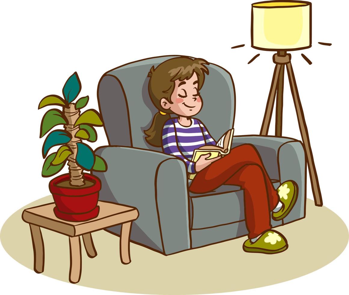 Girl Sitting On Sofa Reading A Book 12744326 Vector Art At Vecteezy