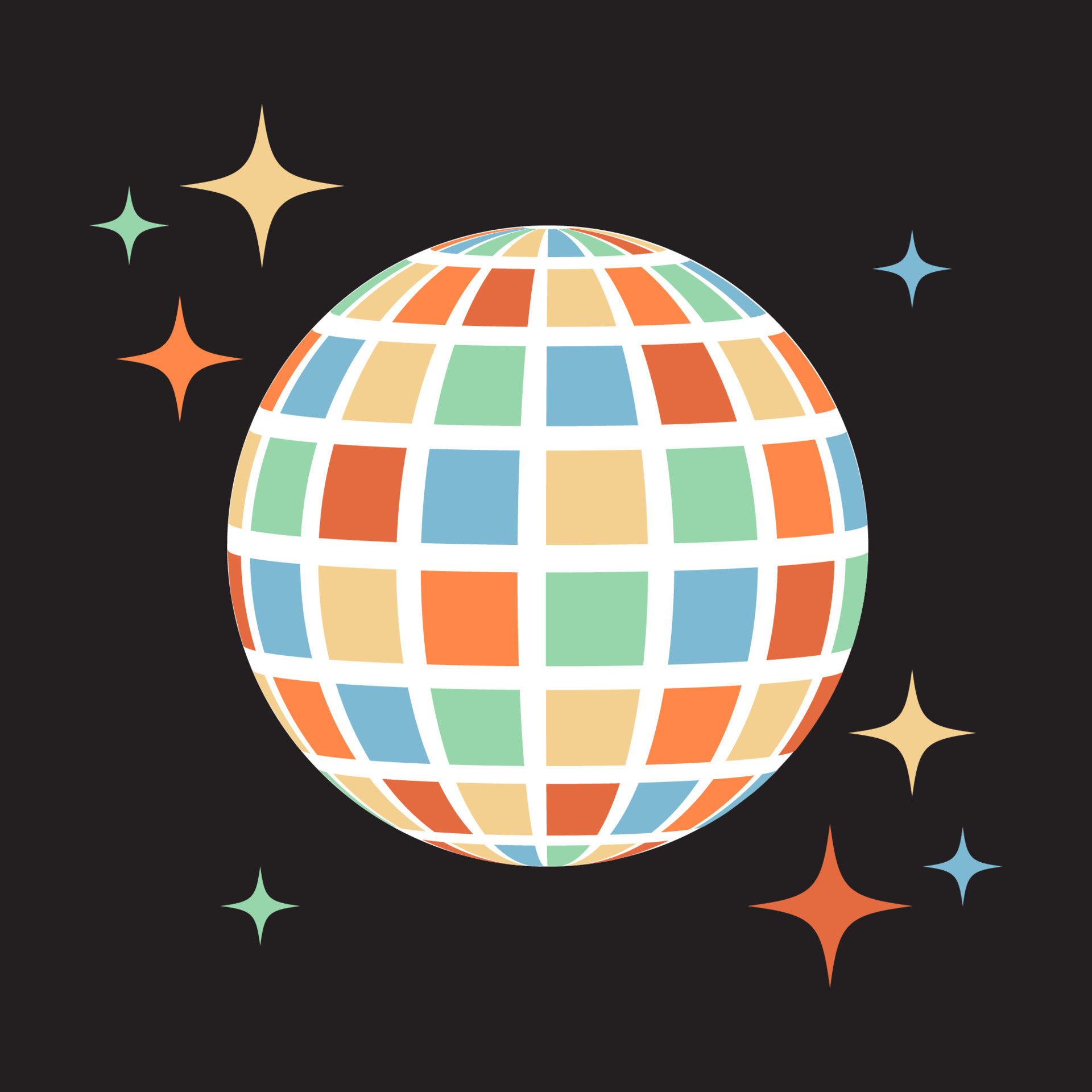 Groovy disco ball sticker with retro stars. 70s retro print for graphic ... Groovy disco ball sticker with retro stars. 70s retro print for graphic ...