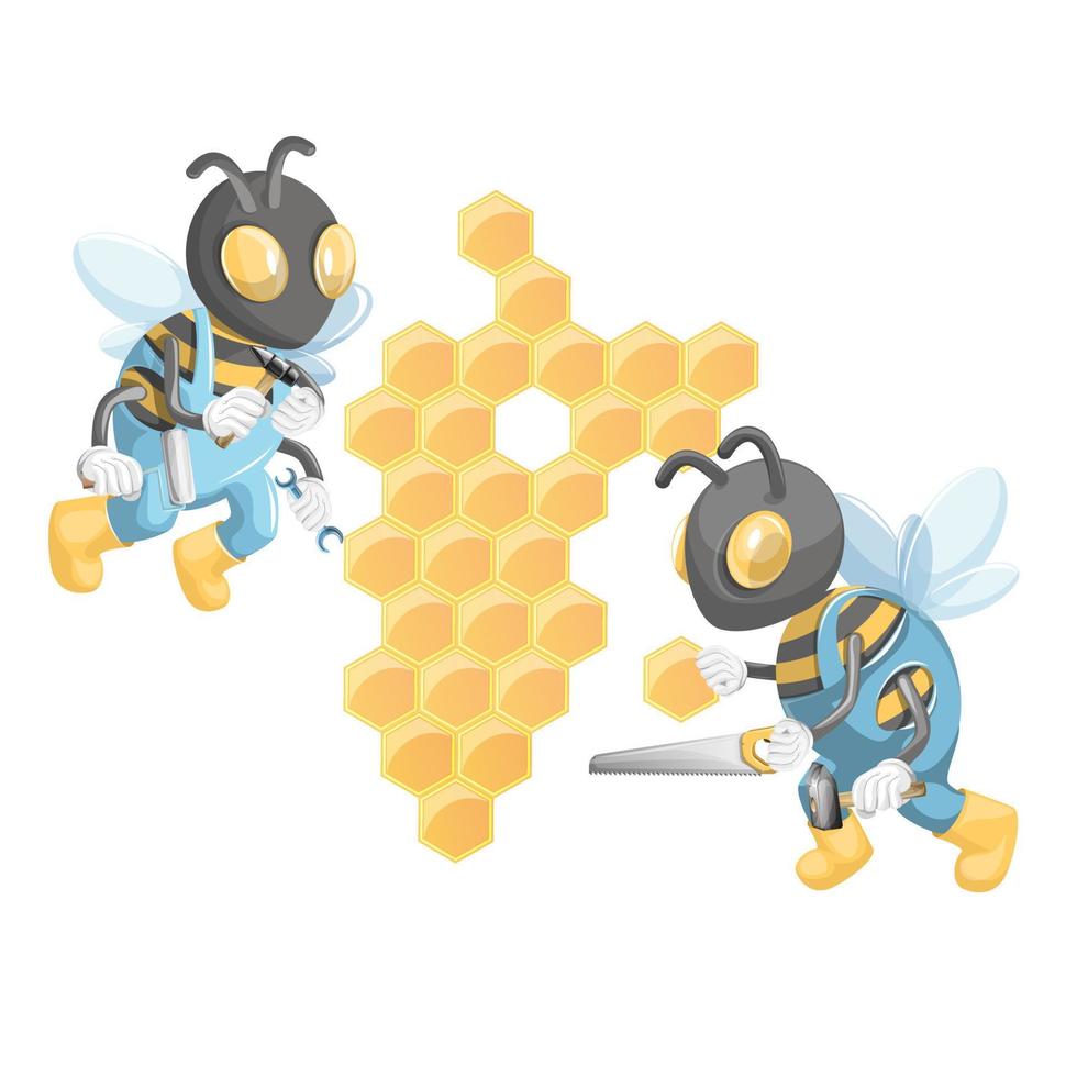 Imagen Vectorial De Abejas En Uniforme De Construcción Con Herramientas Que Construyen Una Casa