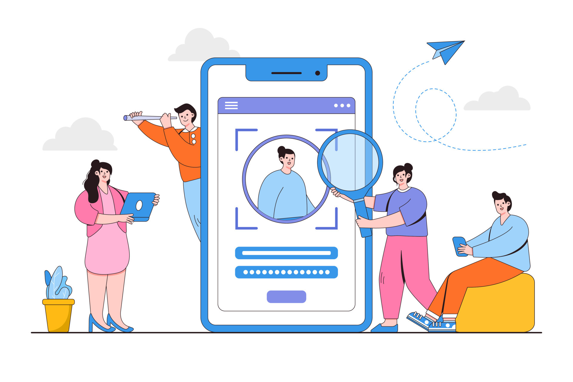 Flat developer team setting for user login application with mobile ... Flat developer team setting for user login application with mobile ...