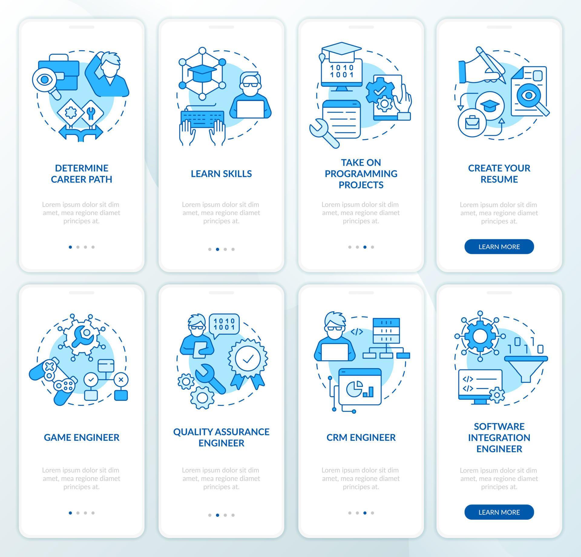 Software developer profession blue onboarding mobile app screen set ...