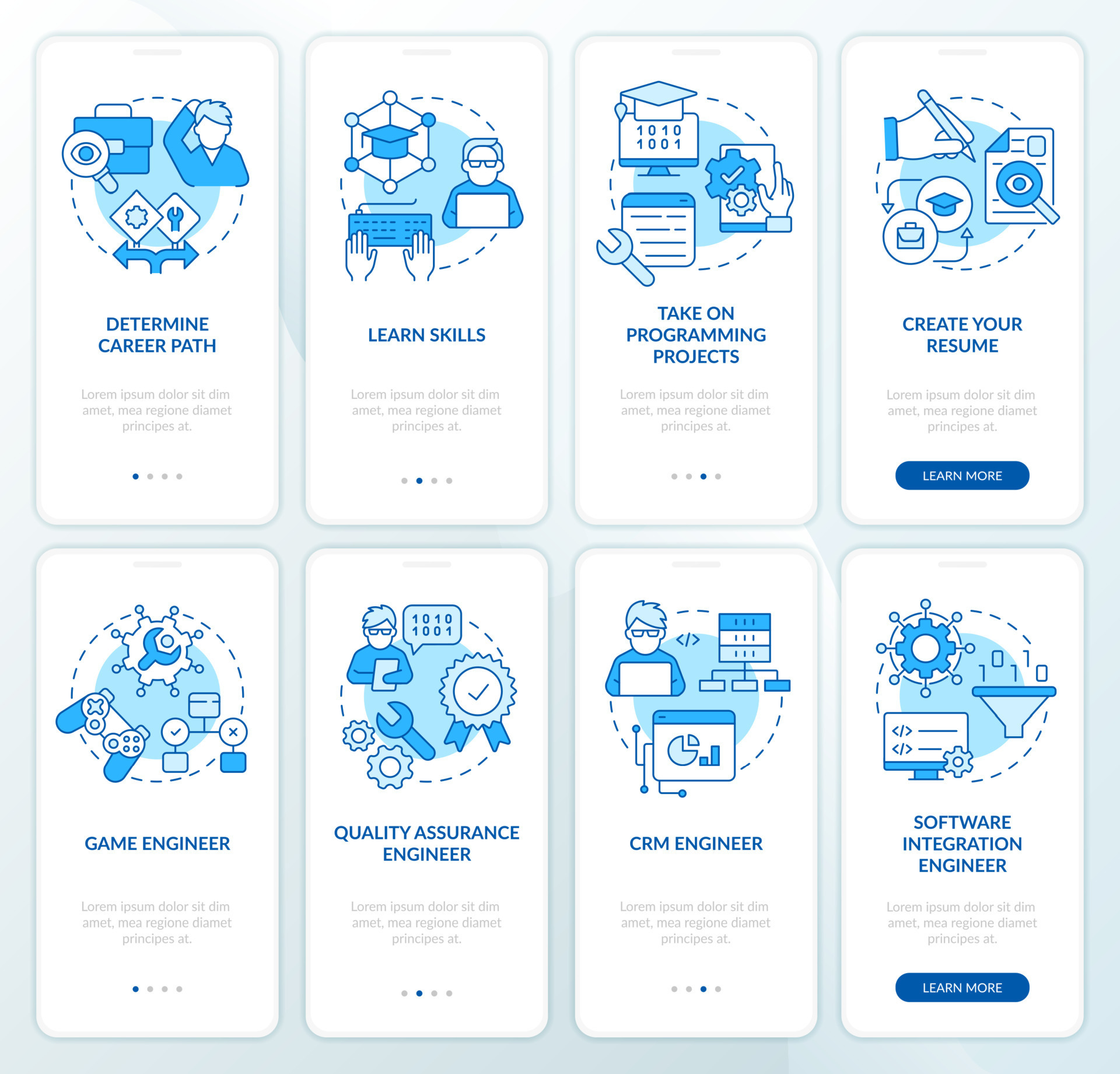 Software Developer Profession Blue Onboarding Mobile App Screen Set Walkthrough 5 Steps