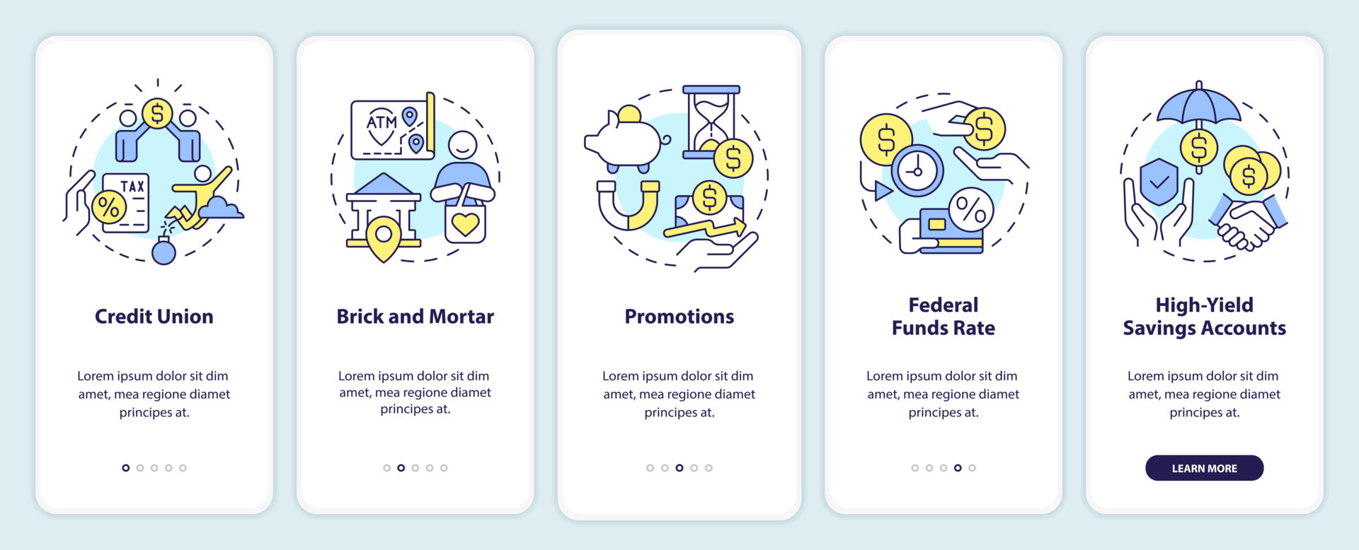 Savings Accounts Onboarding Mobile App Screen Banking Service Walkthrough 5 Steps Editable