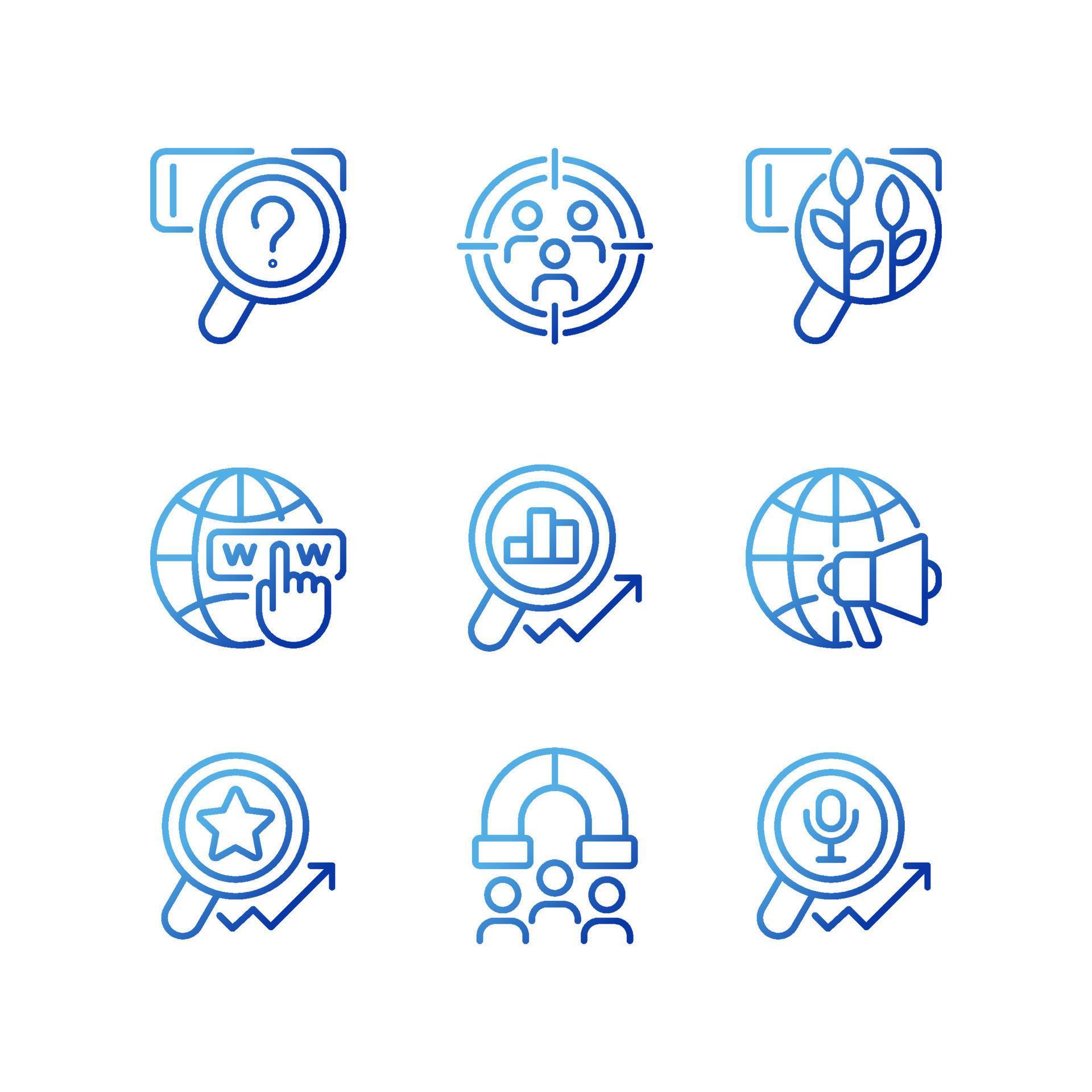 Target market analysis pixel perfect gradient linear vector icons set. Customers attracting ...
