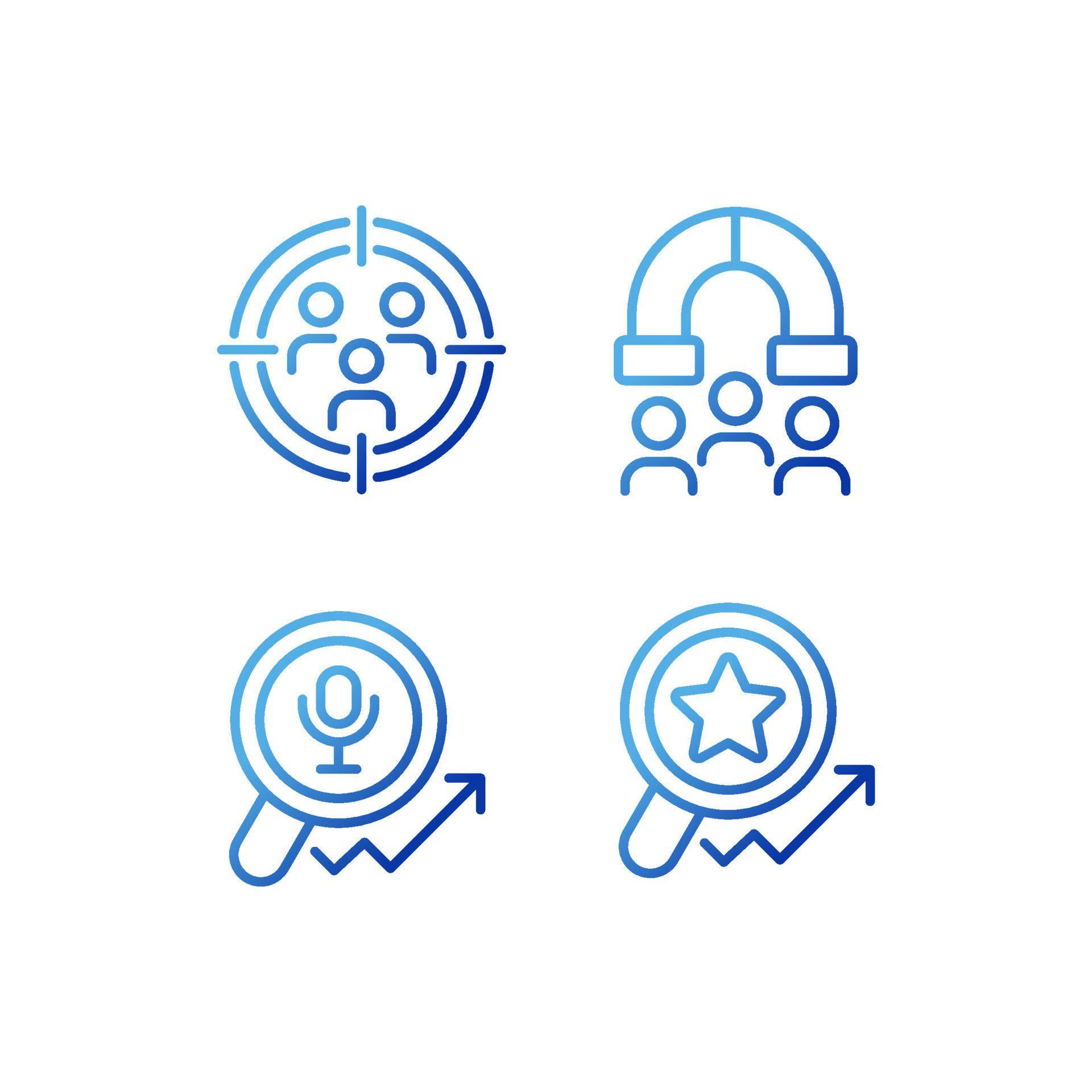 Audience research and analysis pixel perfect gradient linear vector icons set. Customer ...