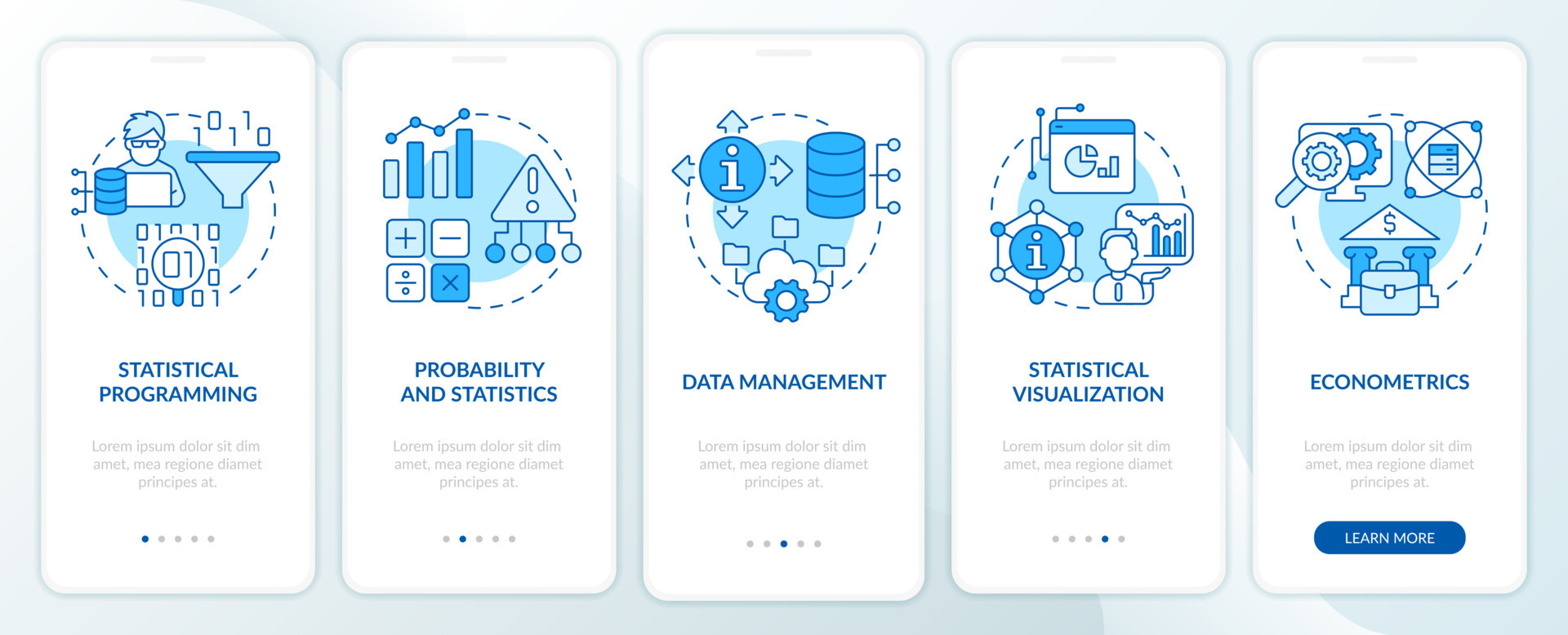Data Analyst Skills Blue Onboarding Mobile App Screen Profession Walkthrough 5 Steps Editable