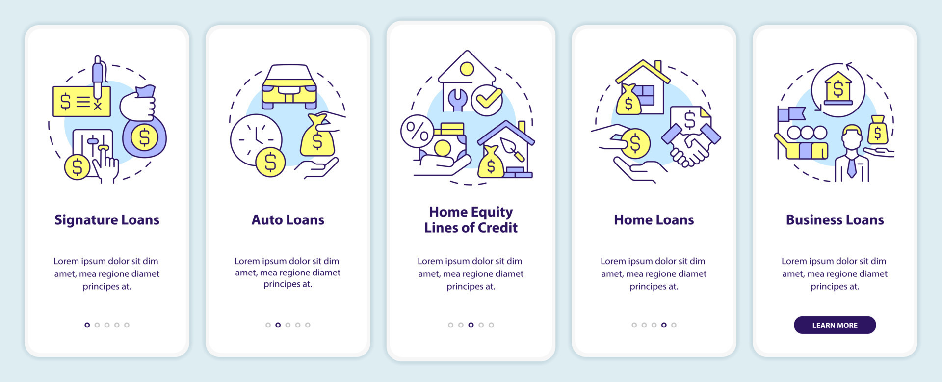 Loans Types Onboarding Mobile App Screen Banking Service Walkthrough 5 Steps Editable Graphic