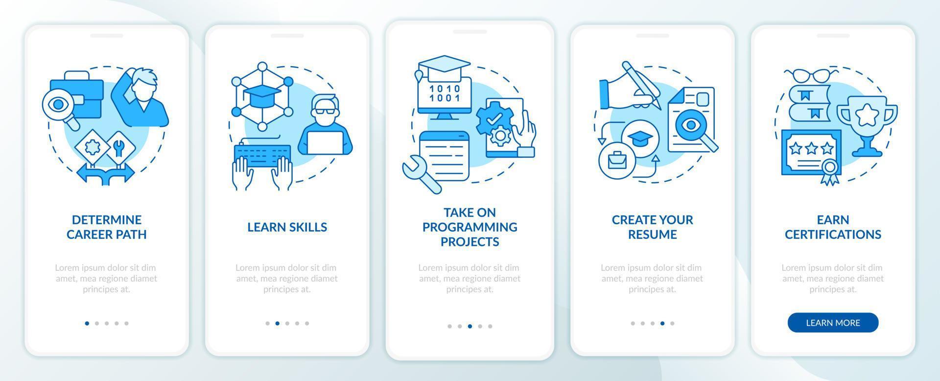 Steps To Become Software Engineer Blue Onboarding Mobile App Screen Walkthrough 5 Steps