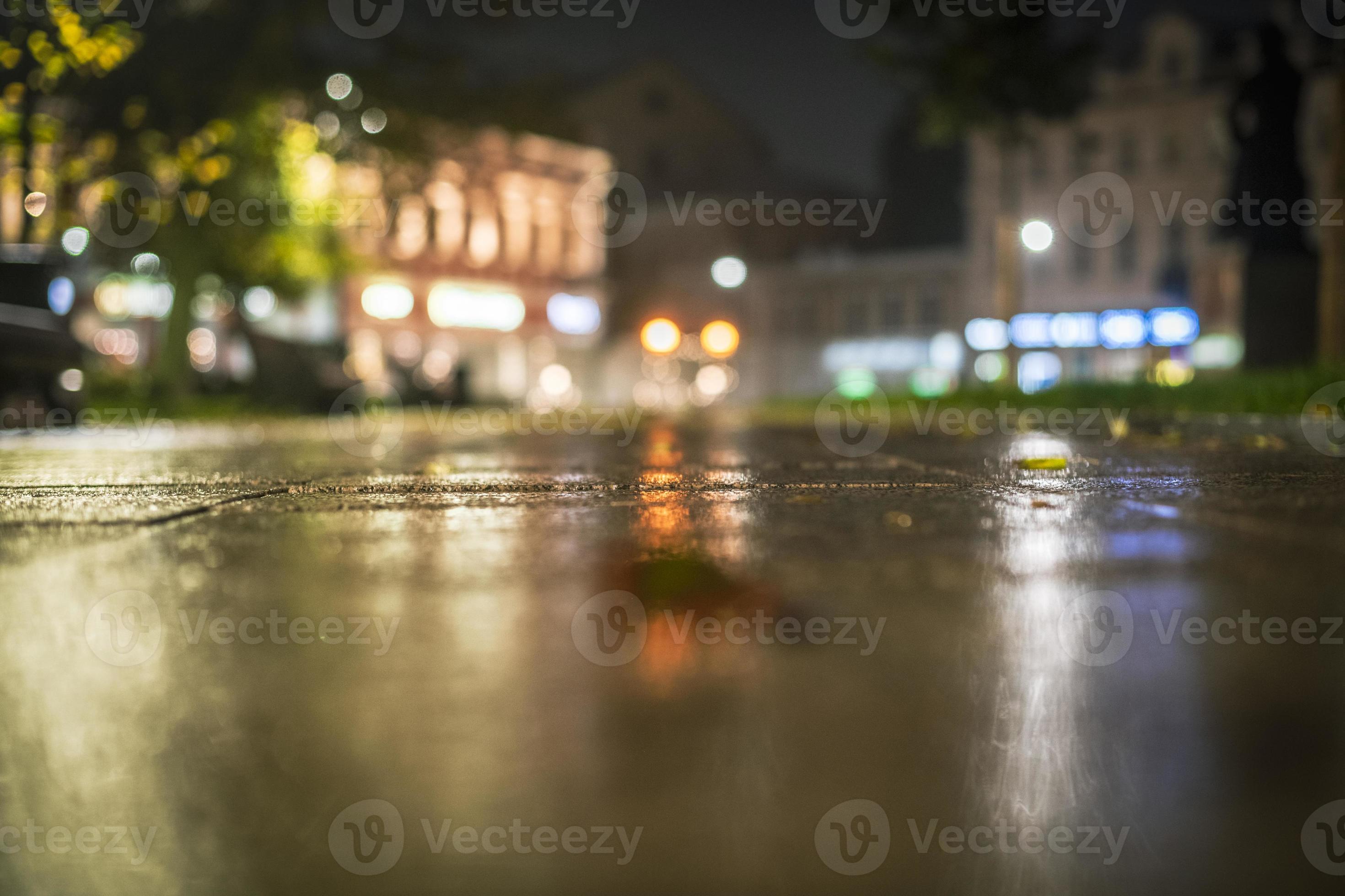 Night urban landscape, colored lights reflected in the wet asphalt in fall. Rainy night street ...