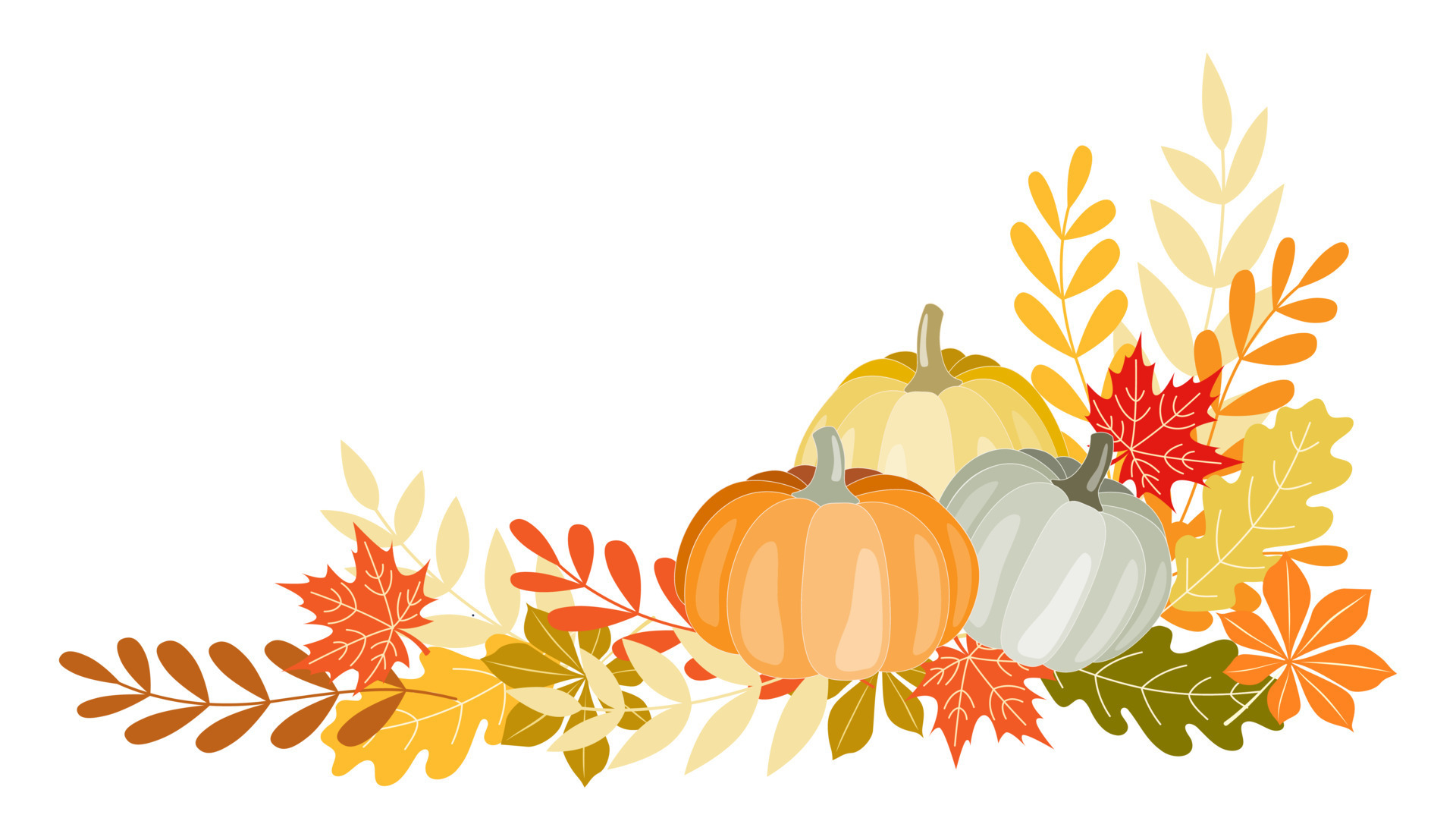 Illustration of pumpkins and leaves in warm Autumn colours. Set of ...