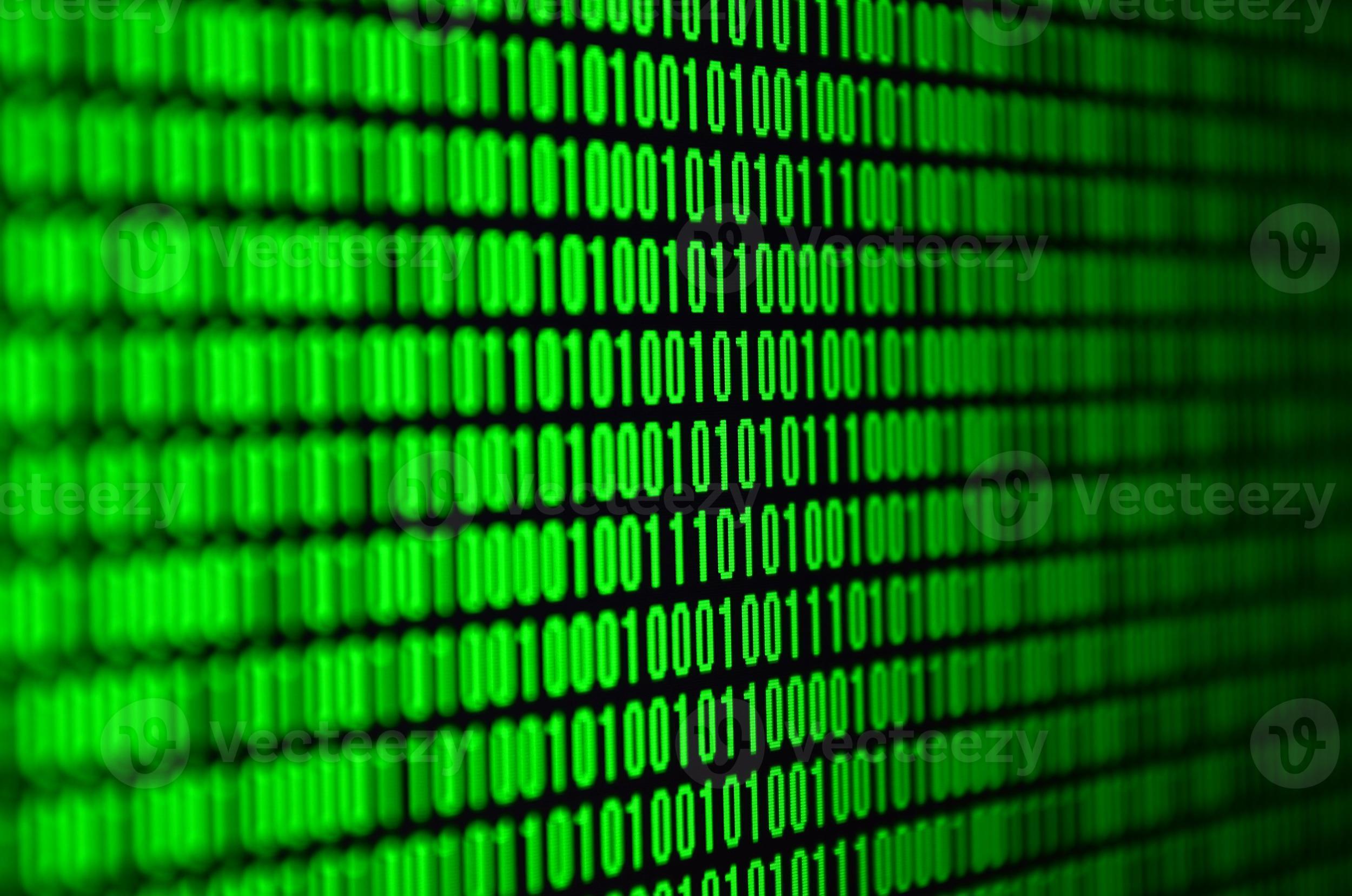 An image of a binary code made up of a set of green digits on a black ...