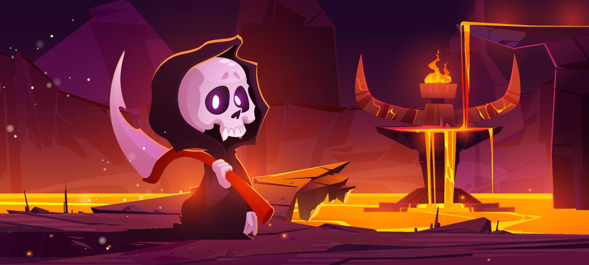 Grim Reaper With Scythe In Hell Halloween Scene 12773774 Vector Art At Vecteezy