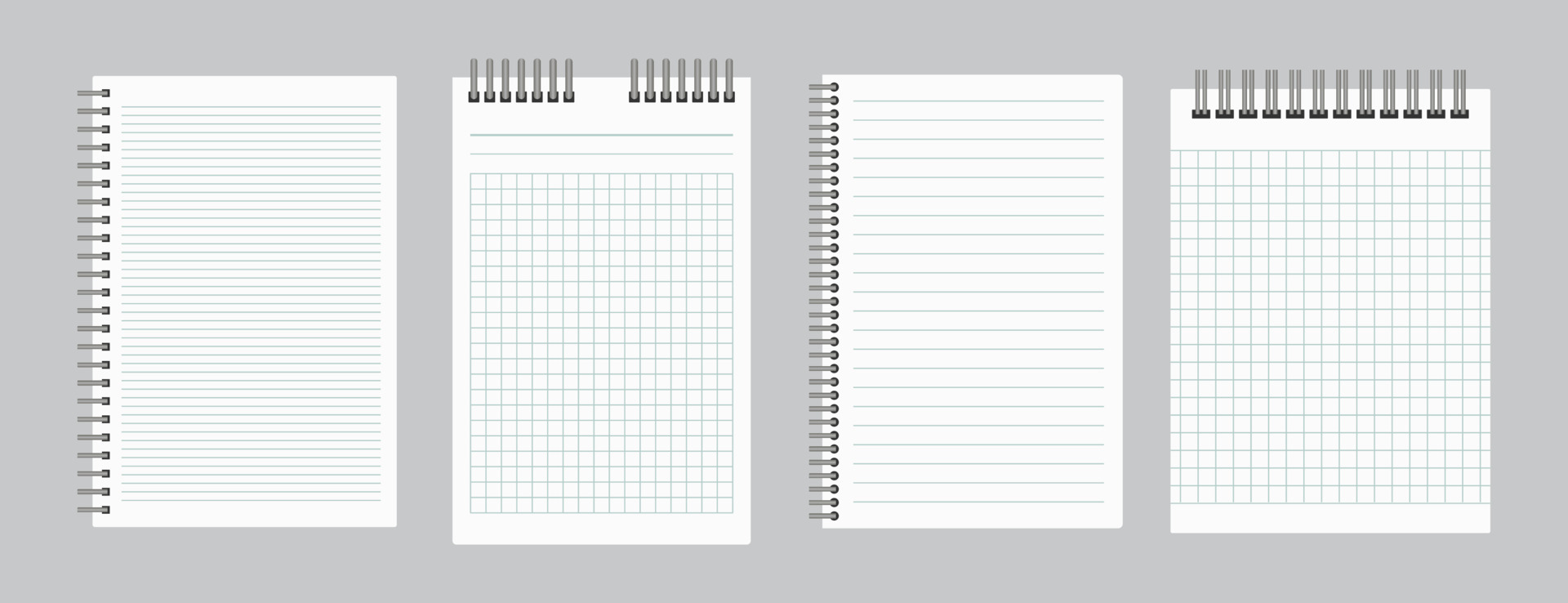 Notepads with empty lined and checkered paper with binder iron spiral. Set of four notebooks ...