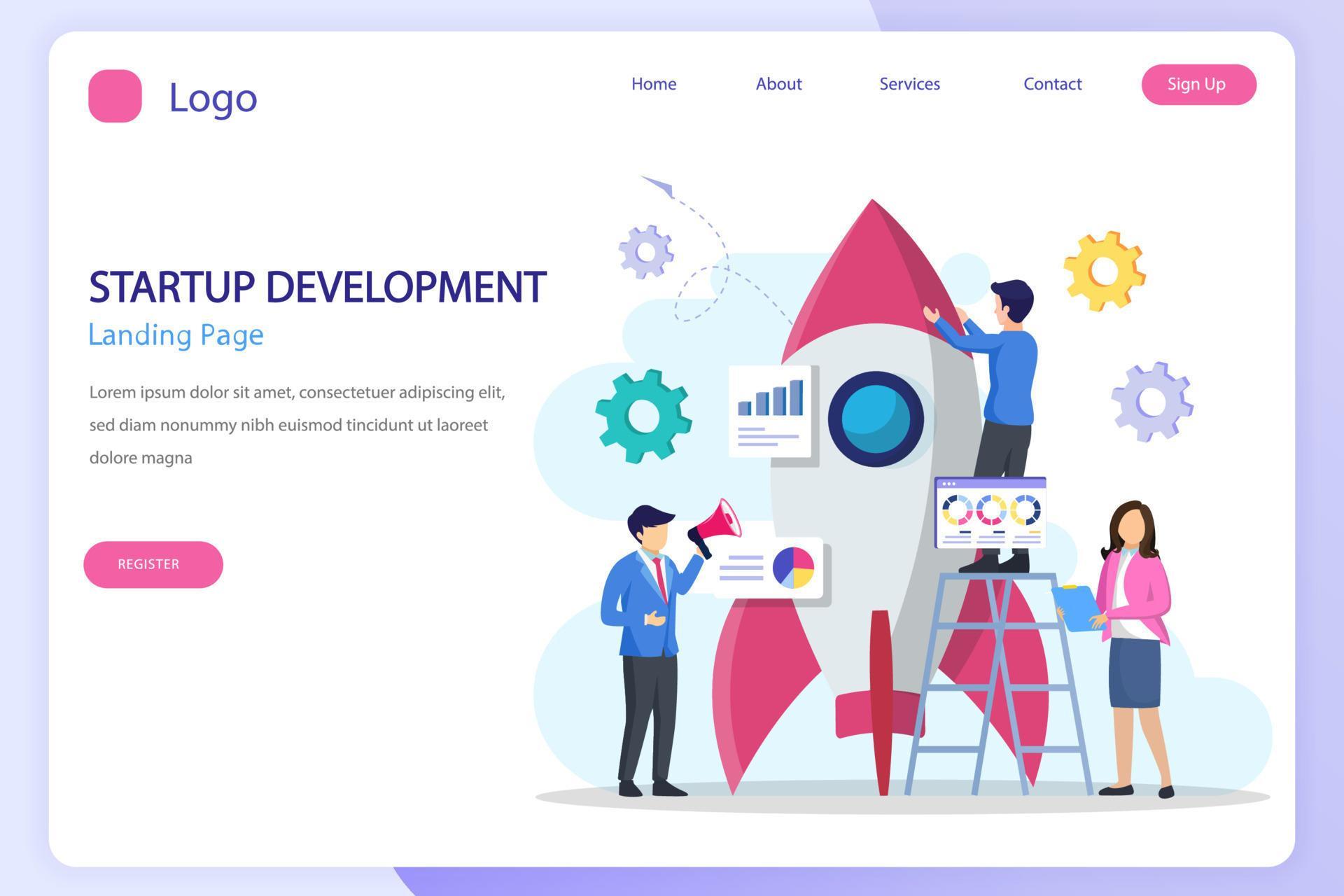 Startup launch concept. Development process, Innovation product, creative idea landing page ...