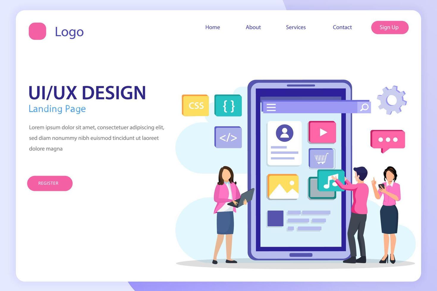 UI UX design concept, UI UX landing page website flat vector template ... UI UX design concept, UI UX landing page website flat vector template ...