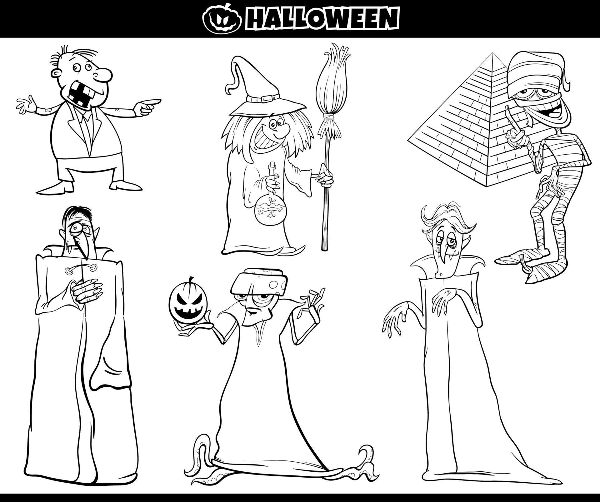 cartoon Halloween holiday characters set coloring page 12782921 Vector ...