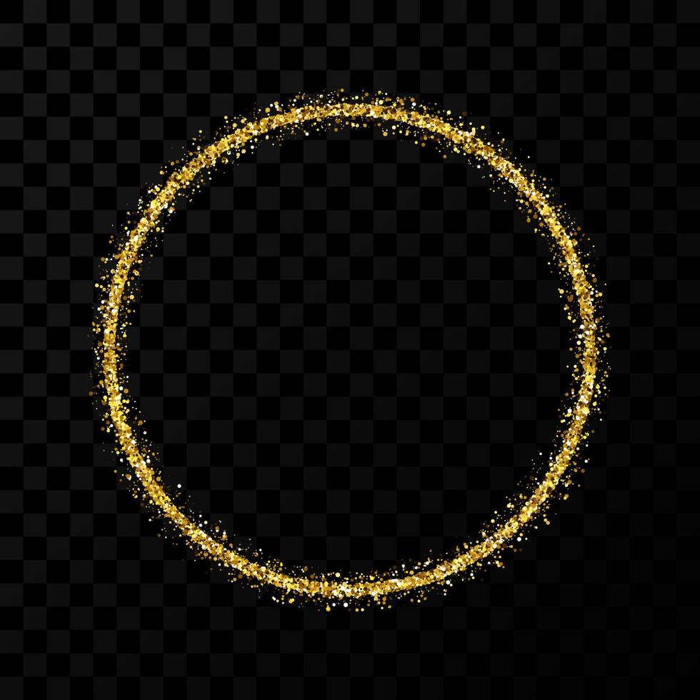 Gold glitter frame. Circle frame with shiny sparkles on dark transparent background. Vector ...