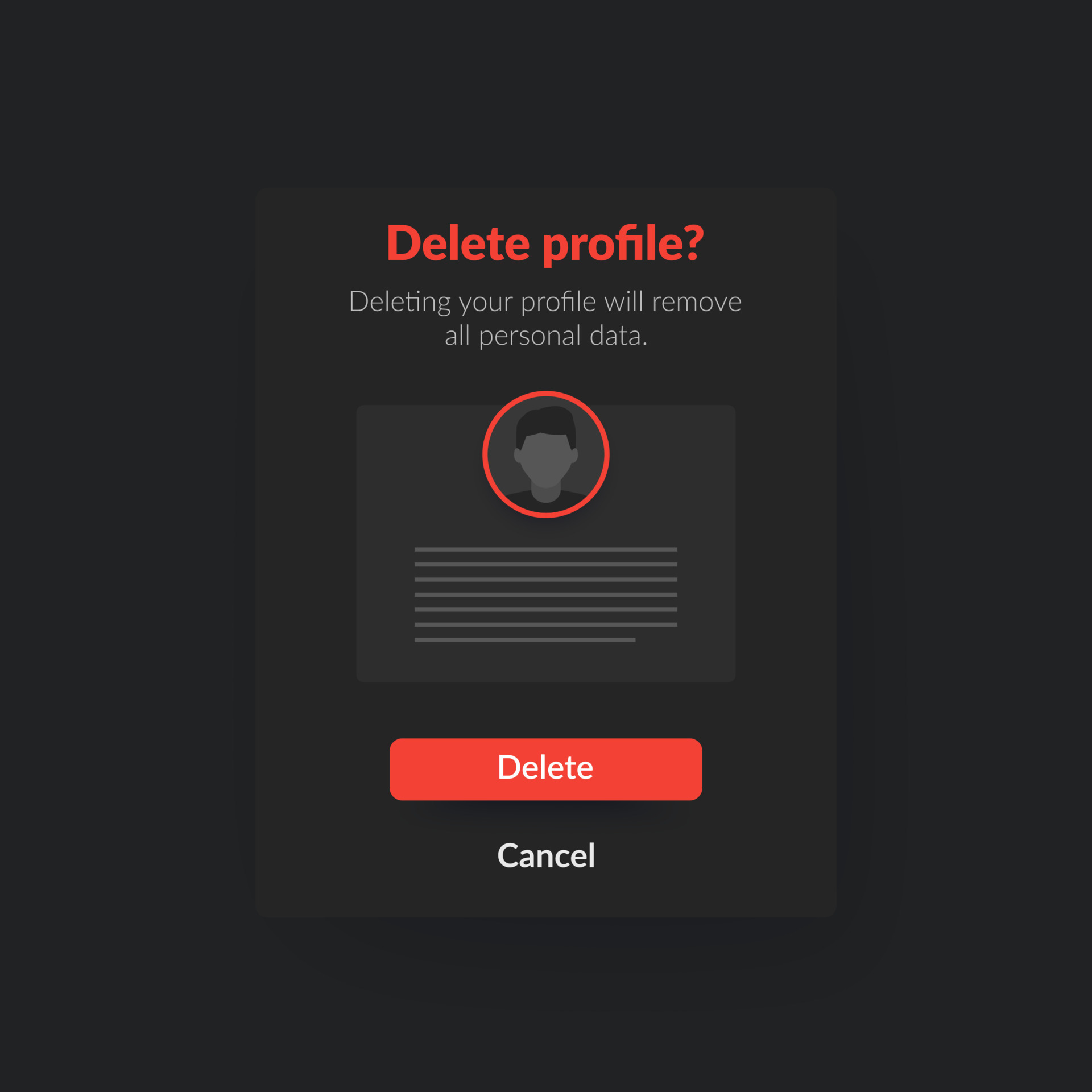 Delete profile, account form, dark ui design 12789173 Vector Art at ...