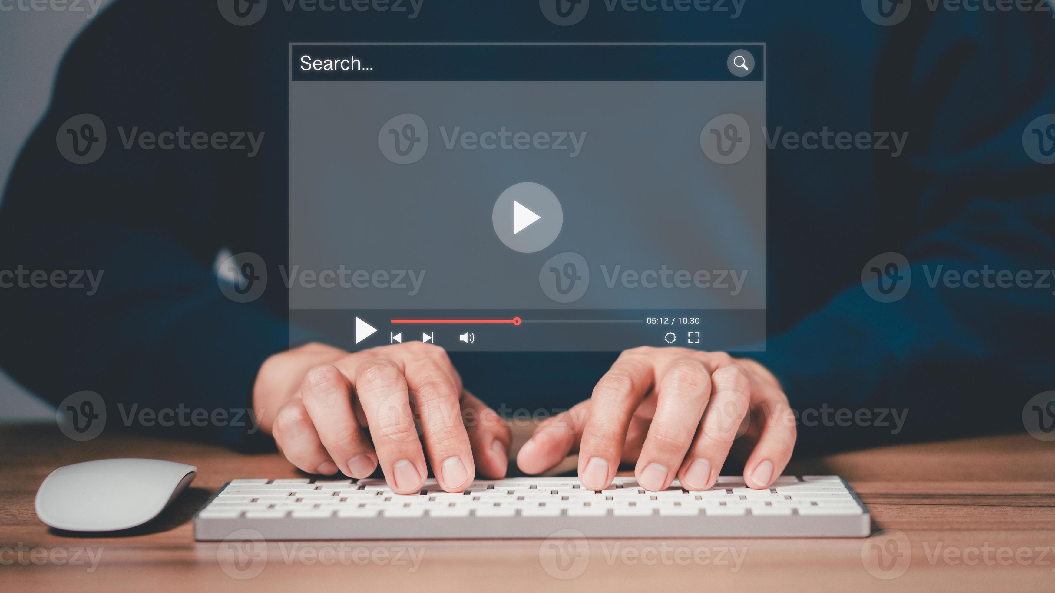 Man using mouse and keyboard for streaming online on virtual screen ... Man using mouse and keyboard for streaming online on virtual screen ...