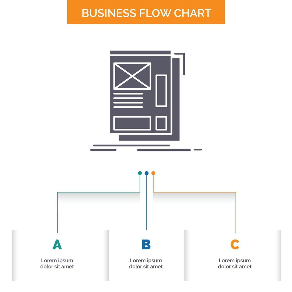 Wire Framing Web Layout Development Business Flow Chart Design With 3 Steps Glyph Icon For