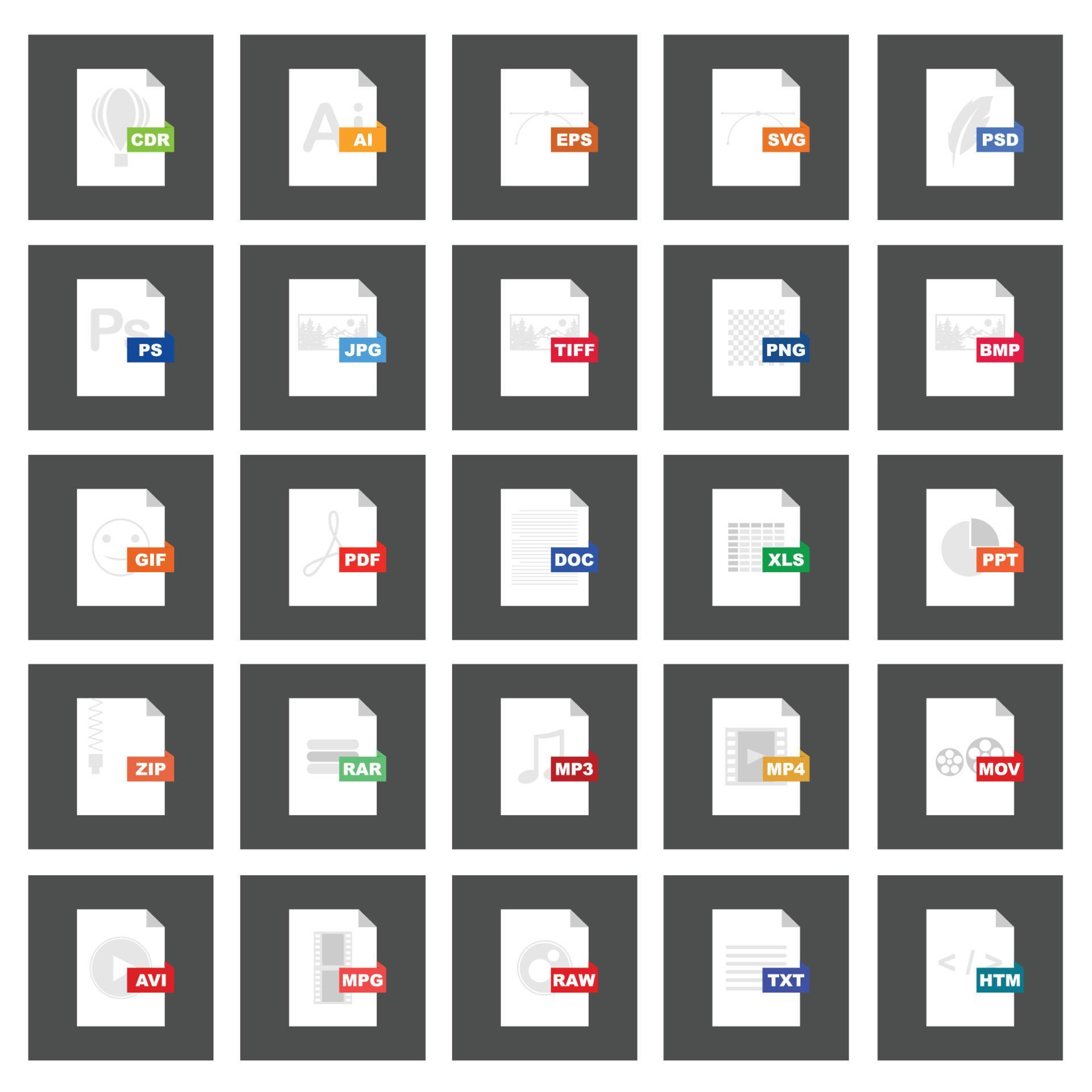 File type icons. Format and extension of documents. Set of pdf, doc ...