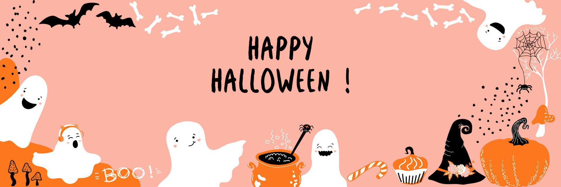 Happy Halloween pink border. Pumpkins, bats, cute ghosts, mushrooms ...