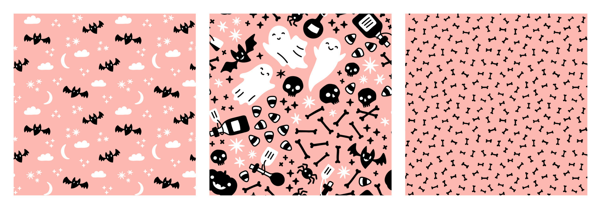 Pastel pink Halloween ghosts, bats, skulls, bones, potion bottles ...
