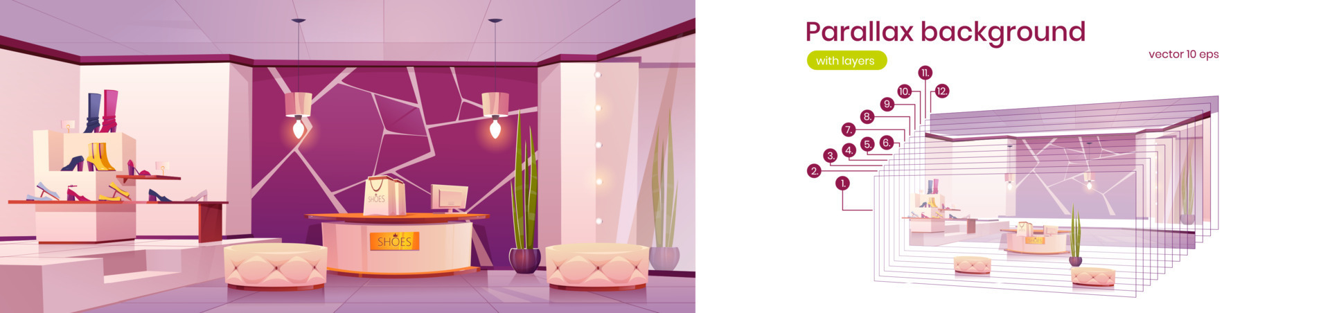 Parallax background with shoes store interior 12861950 Vector Art at Vecteezy