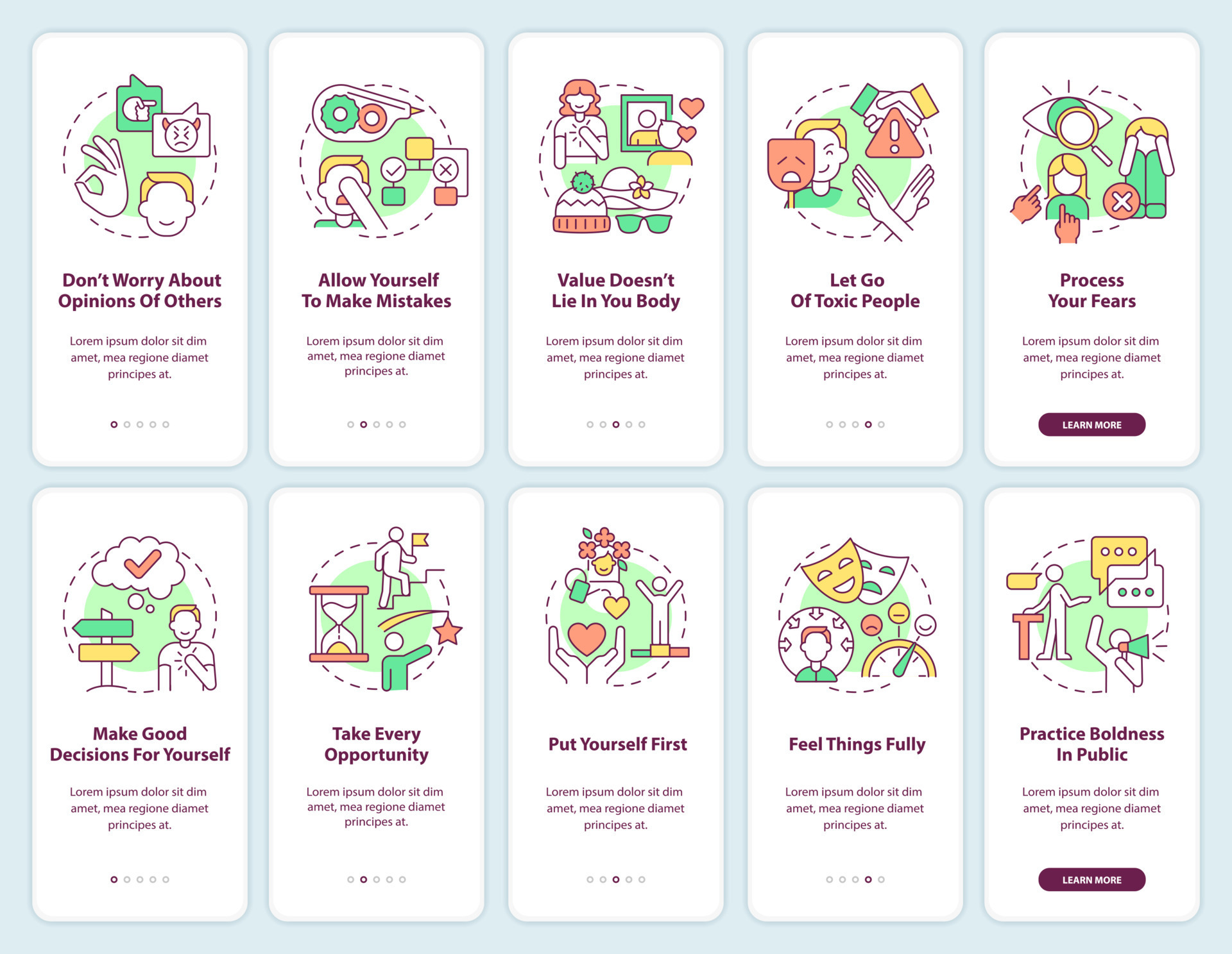 Practicing Self Love Everyday Onboarding Mobile App Screen Set Walkthrough 5 Steps Graphic
