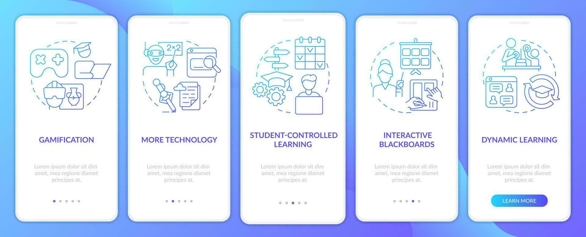 Education Trends Technology Blue Gradient Onboarding Mobile App Screen Walkthrough 5 Steps