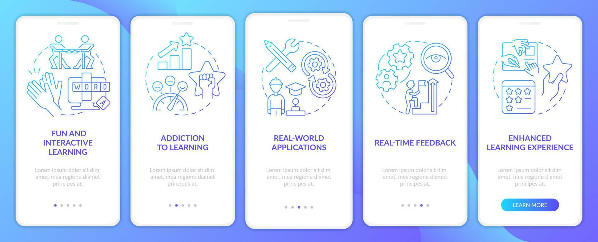 Benefits Of Gamification Blue Gradient Onboarding Mobile App Screen Walkthrough 5 Steps Graphic