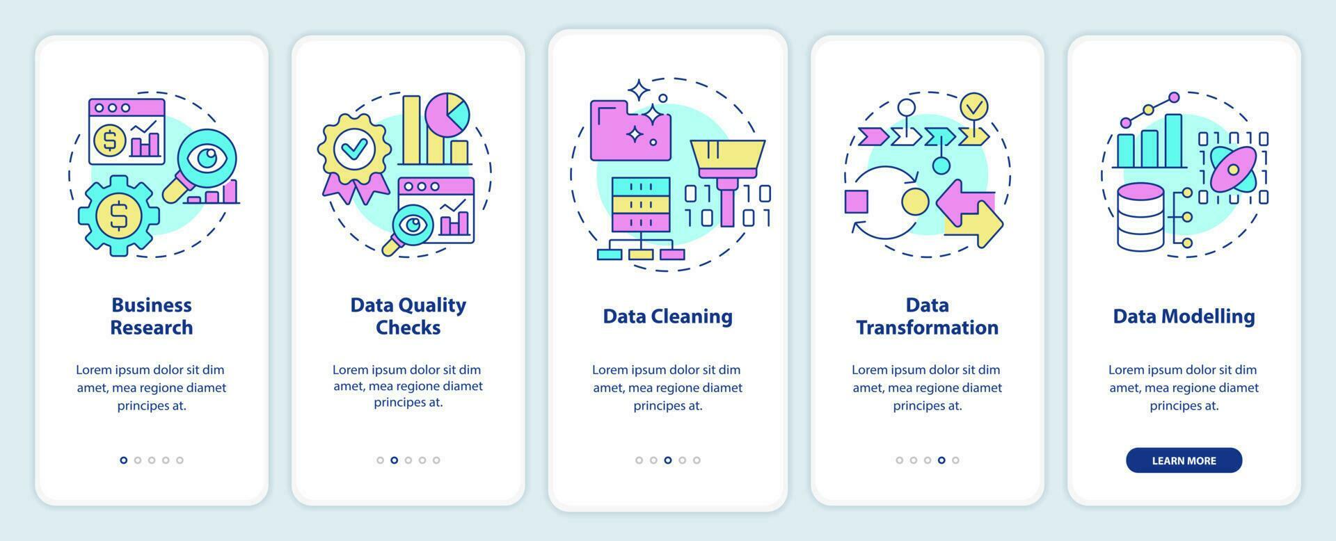 Data mining process onboarding mobile app screen. Machine learning walkthrough 5 steps graphic ...