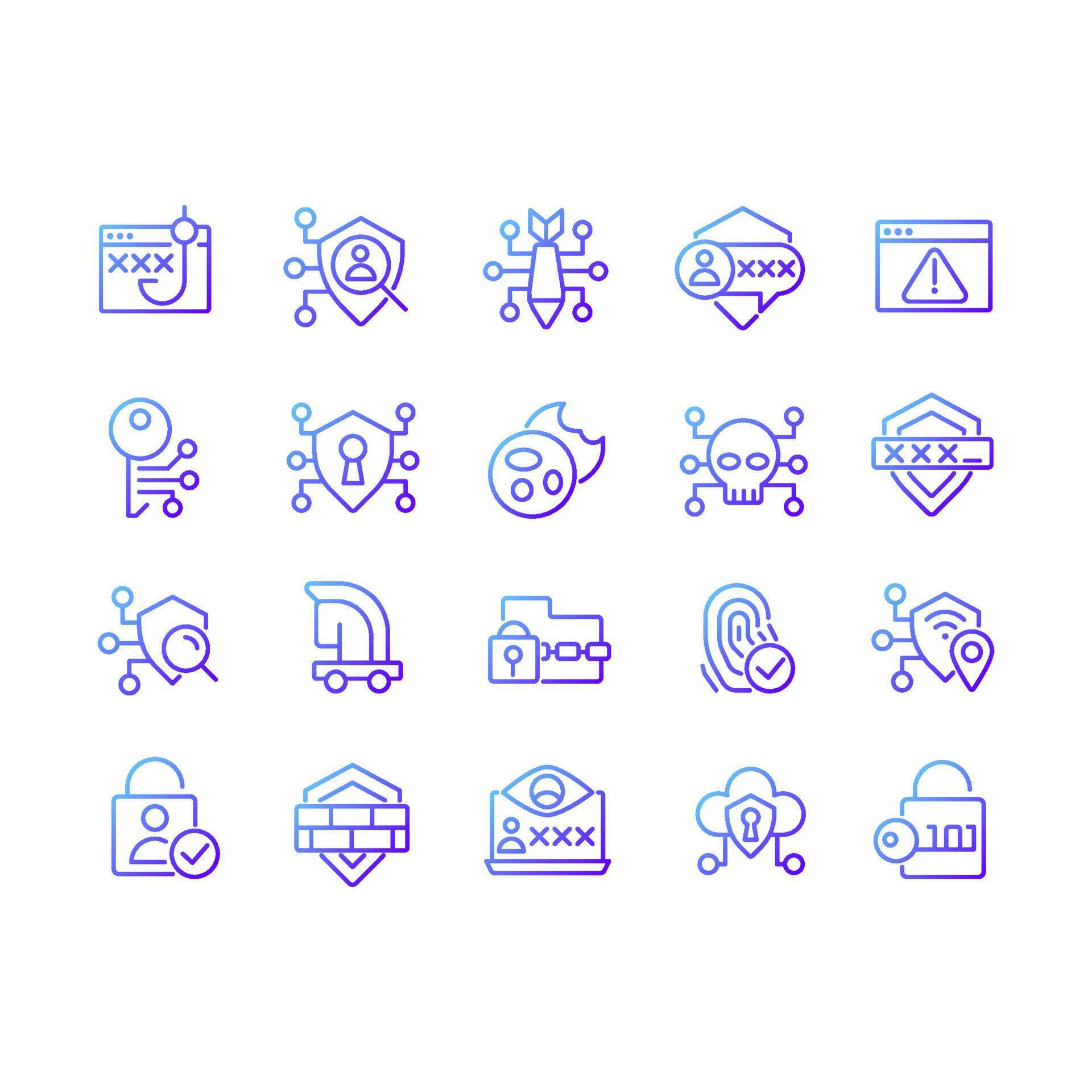 Online security pixel perfect gradient linear vector icons set. Data protection. Computer virus ...