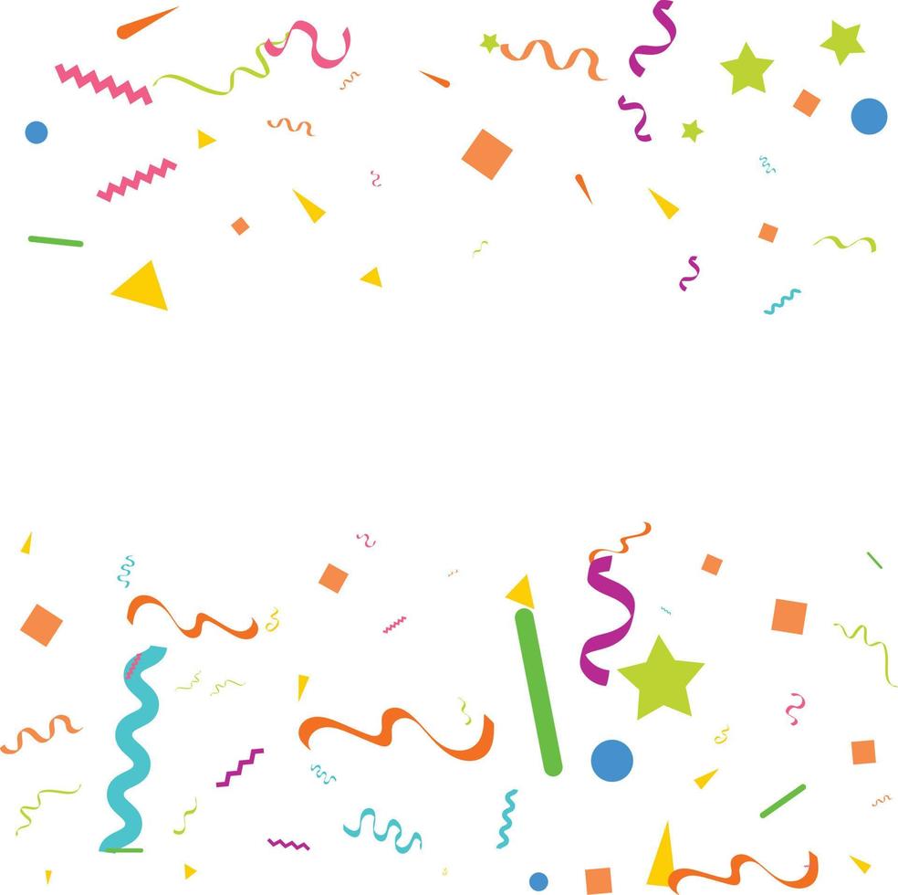 Vector abstract White Background with many falling tiny colorful confetti pieces and ribbon ...