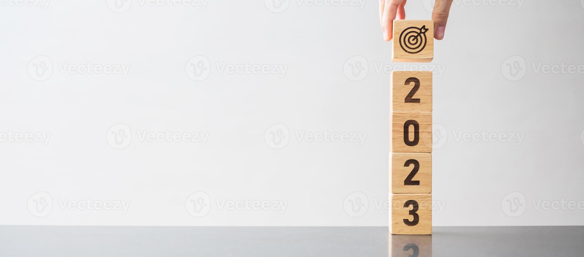 2023 block with dartboard sign. Business Goal, Target, Resolution, strategy, plan, Action ...