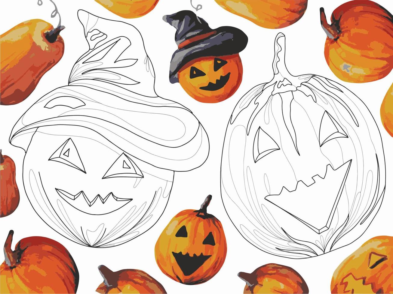 halloween pumpkin lanterns doodle style coloring book coloring page for ...