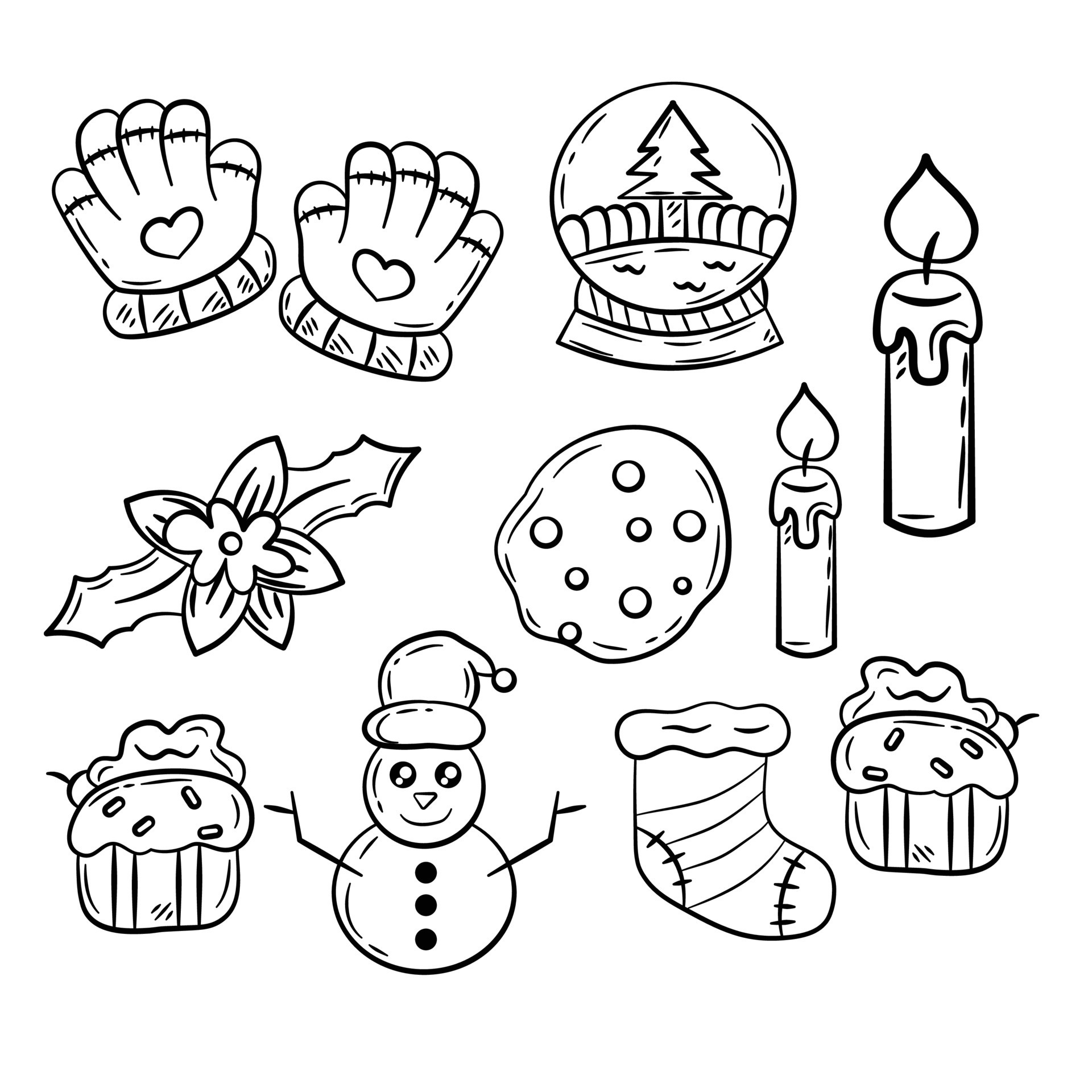 christmas elements collection set vector hand draw style coloring book ...